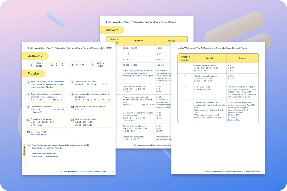 Maths Worksheets Subtracting Decimals With The Same Decimal Places Year ...