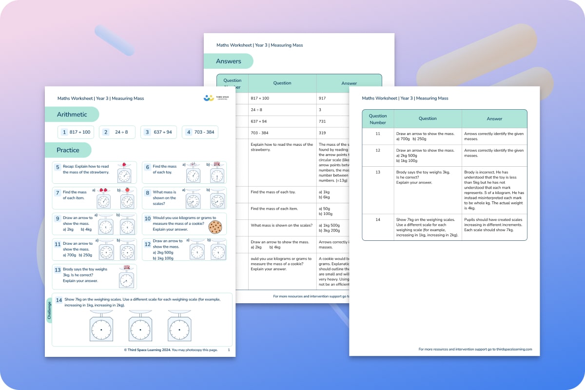 Maths Worksheet Measuring Mass Year 3 | Maths Hub | Third Space Learning