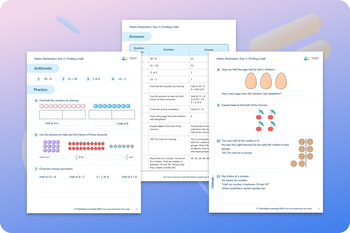 Maths Worksheet Finding a Half Year 2 | Maths Hub | Third Space Learning