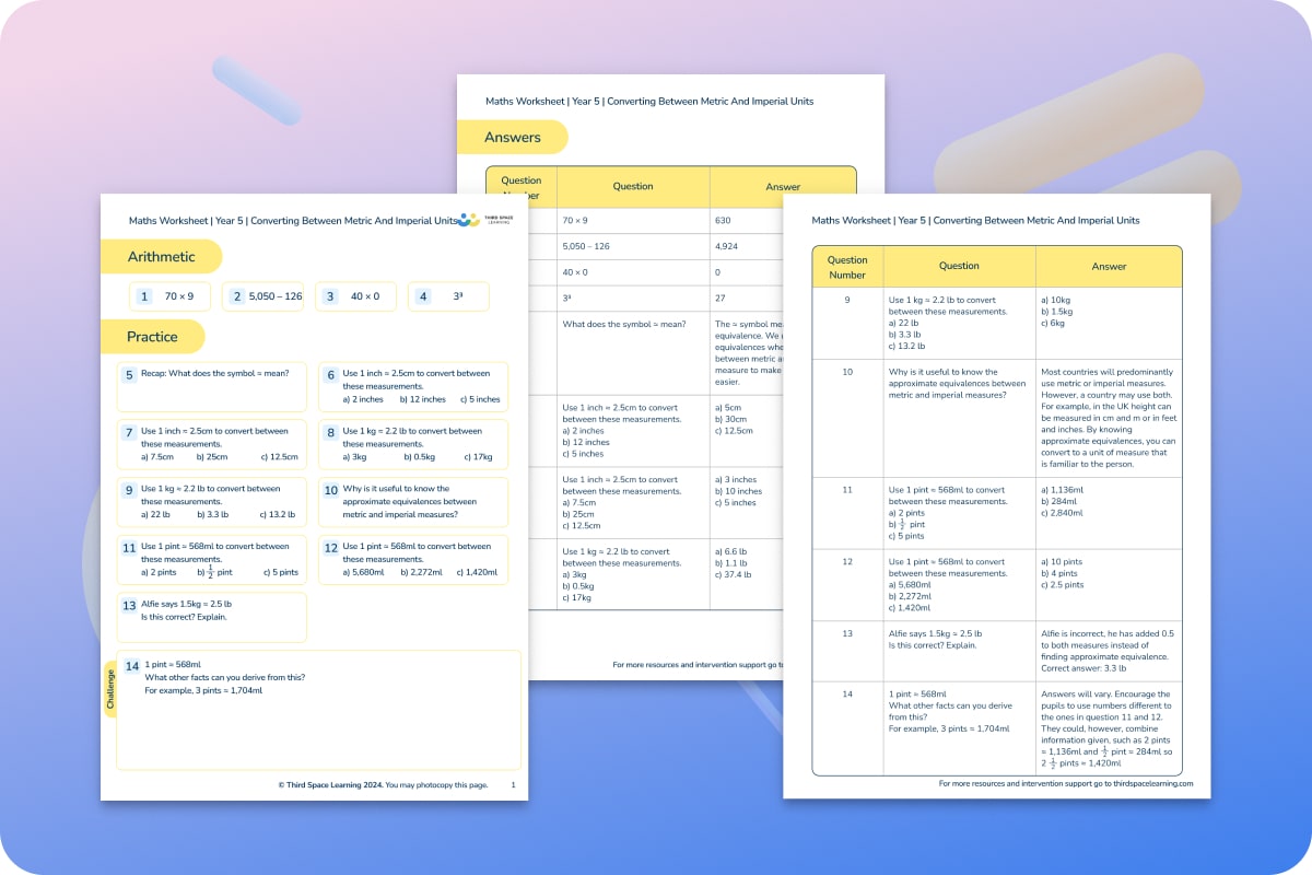Maths Worksheet Converting Between Metric And Imperial Units Year 5 ...
