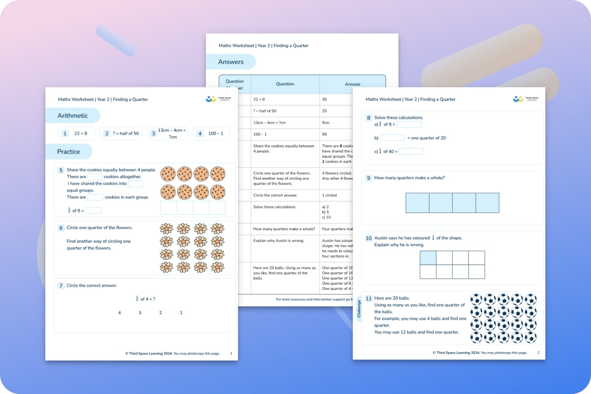 Maths Worksheet Finding a Quarter Year 2 | Maths Hub | Third Space Learning