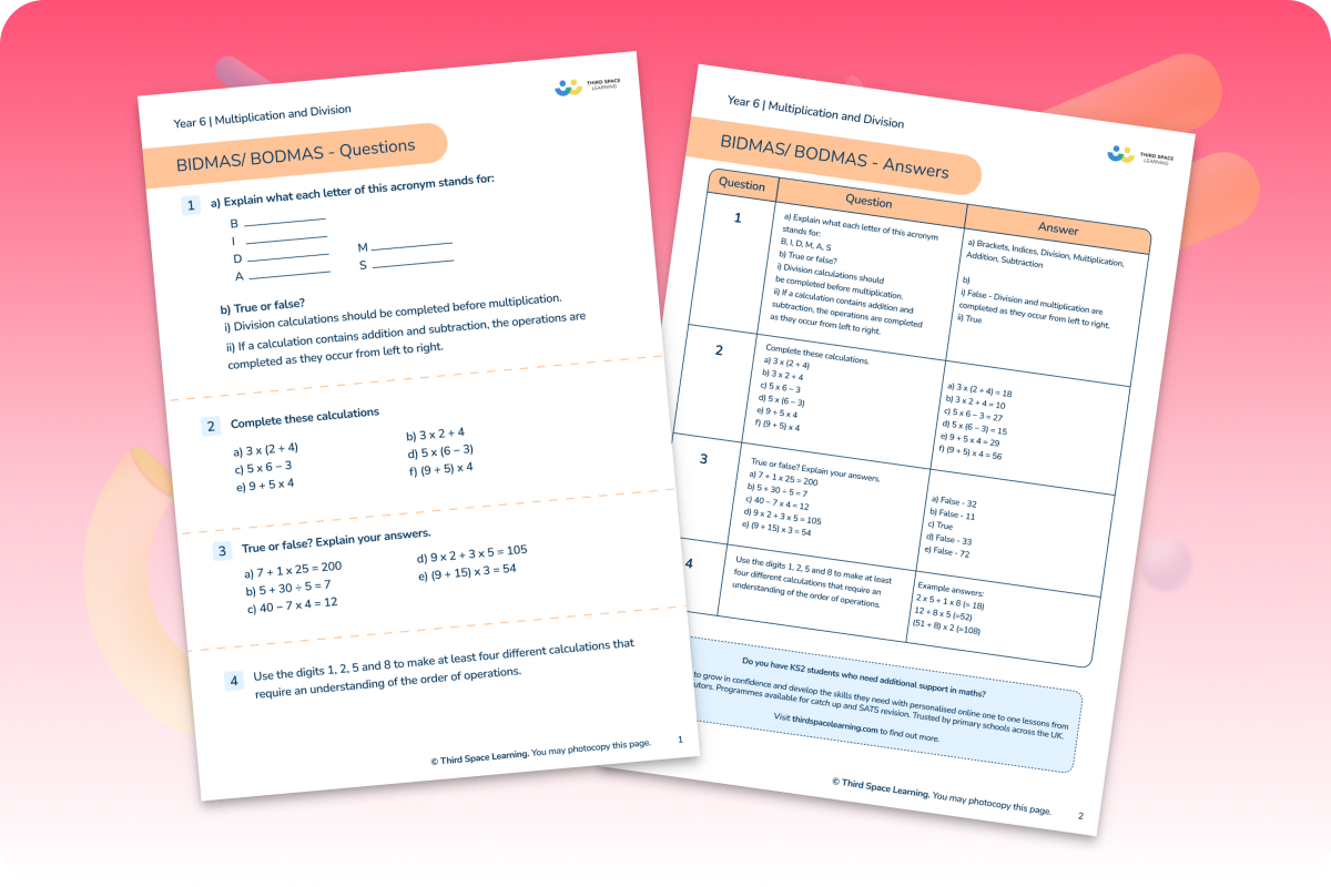 BIDMAS Worksheet Year 6 | Maths Hub | Third Space Learning