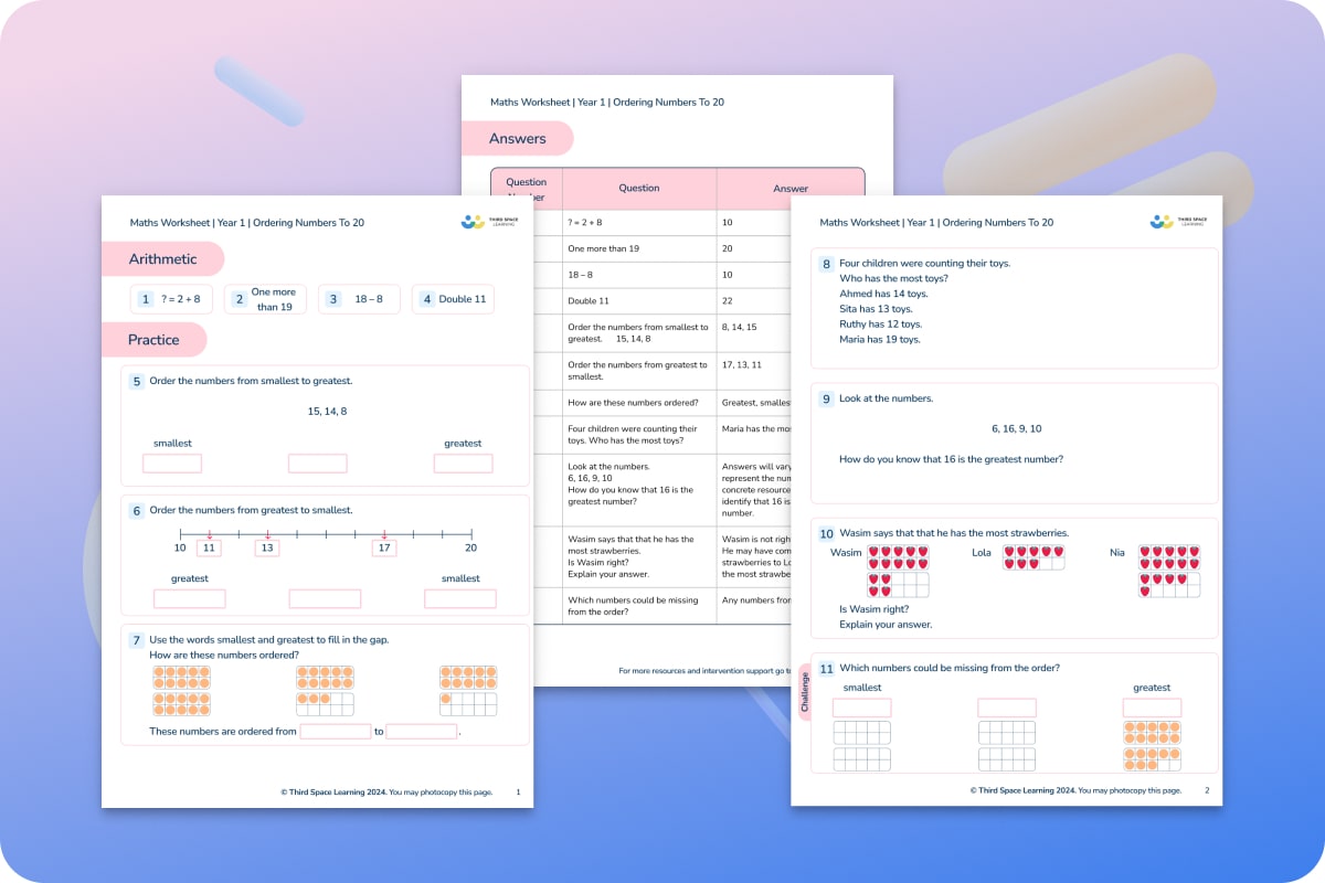 Maths Worksheet Ordering Numbers To 20 Year 1 | Maths Hub | Third Space ...