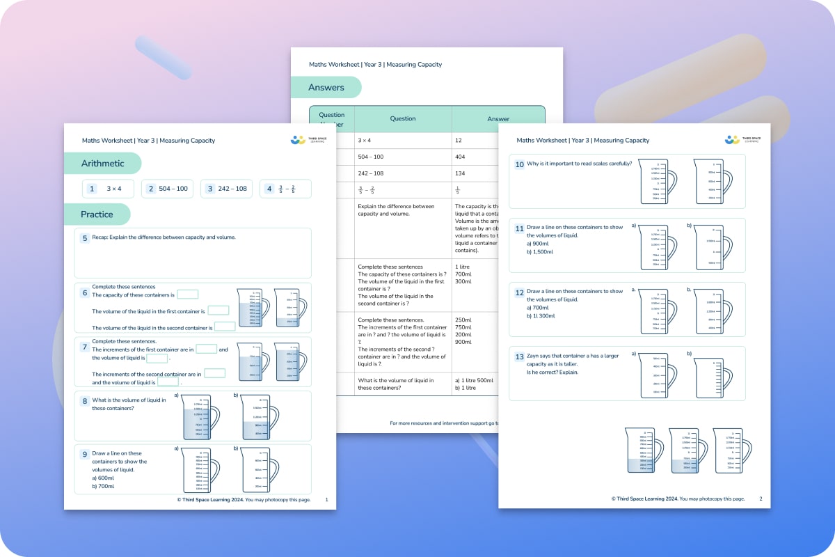 Maths Worksheet Measuring Capacity Year 3 | Maths Hub | Third Space ...