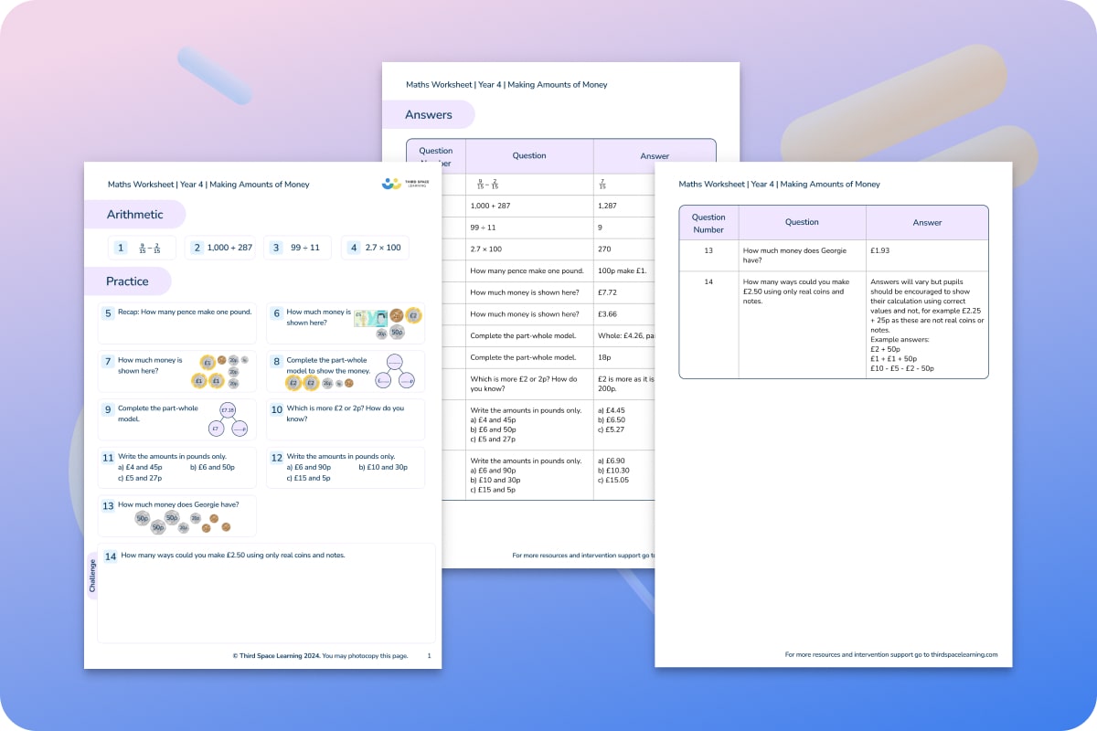 Maths Worksheet Making Amounts of Money Year 4 | Maths Hub | Third ...