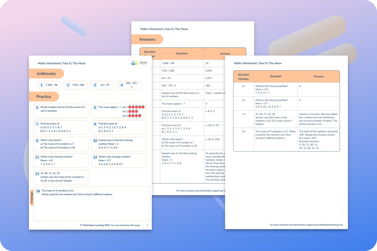 Maths Worksheet The Mean Year 6 | Maths Hub | Third Space Learning