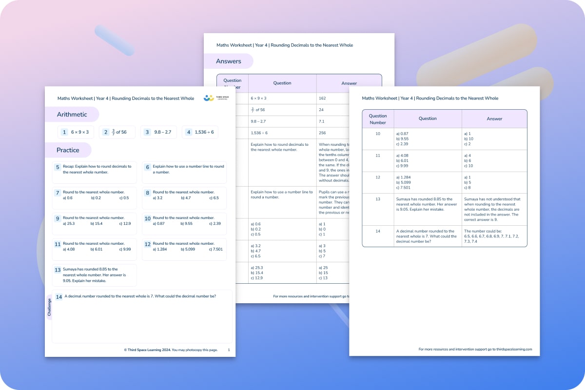 Maths Worksheet Rounding Decimals To The Nearest Whole Year 4 | Maths ...