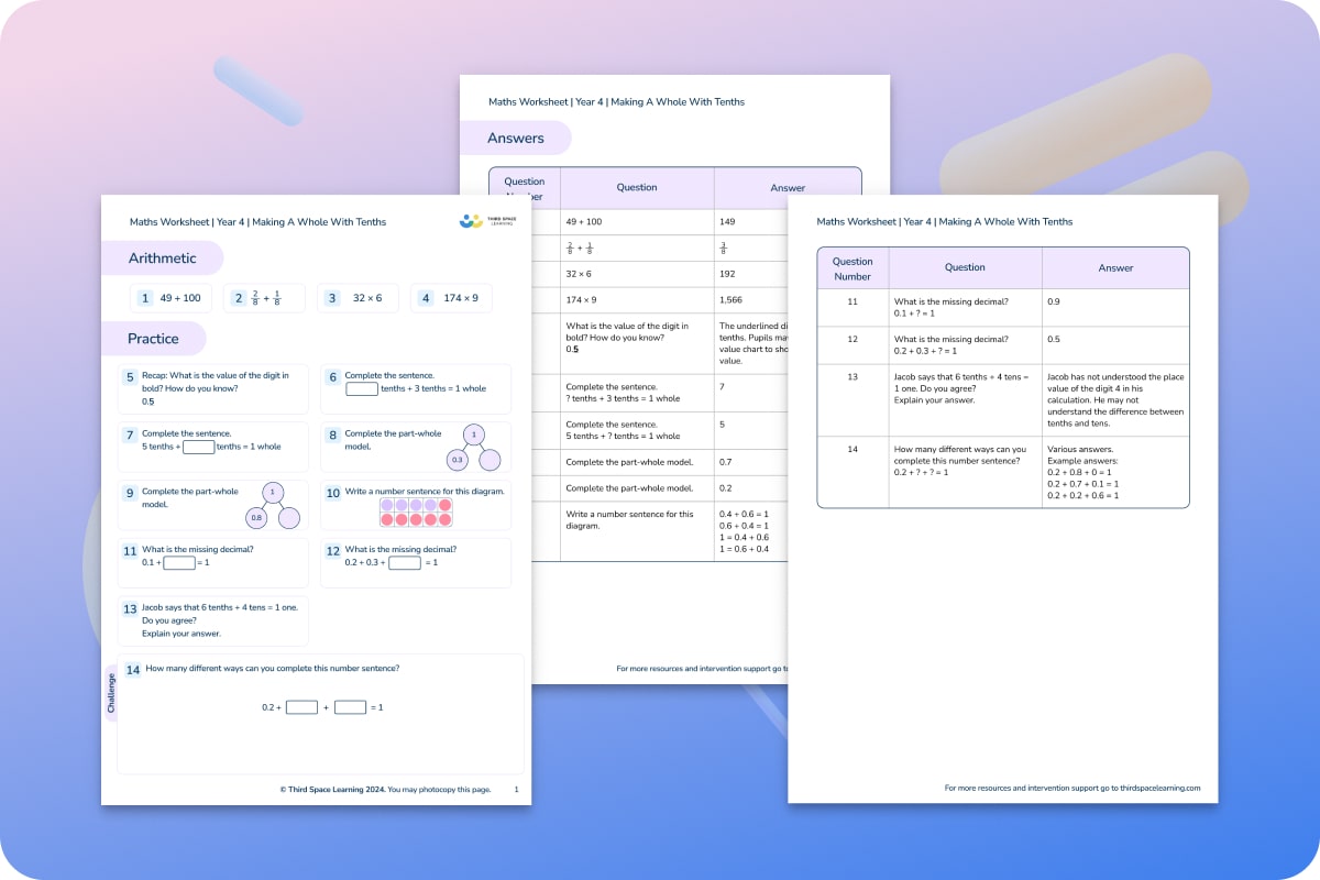 Maths Worksheet Making A Whole With Tenths Year 4 | Maths Hub | Third ...