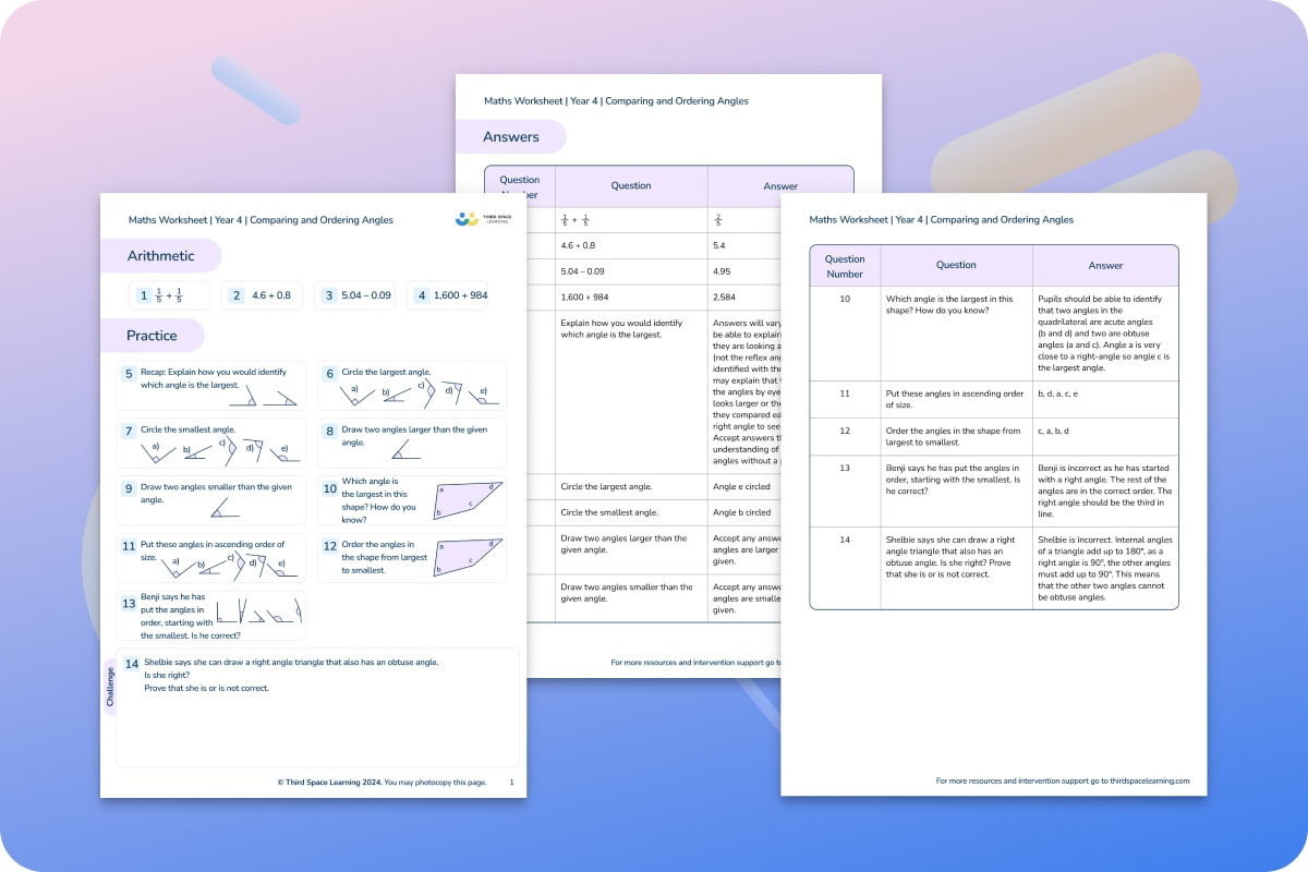 Maths Worksheet Comparing and Ordering Angles Year 4 | Maths Hub ...