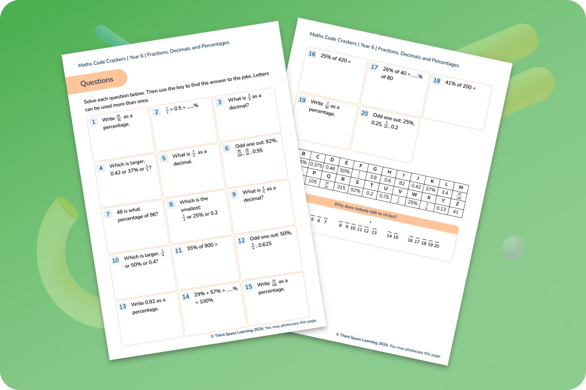 Maths Code Crackers Pack Fractions, Decimals and Percentages Year 6 ...