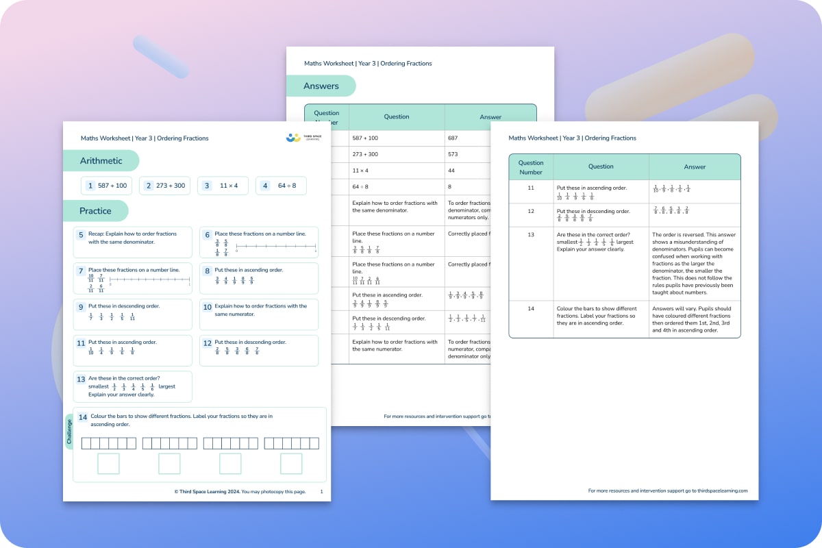 Maths Worksheet Ordering Fractions Year 3 | Maths Hub | Third Space ...