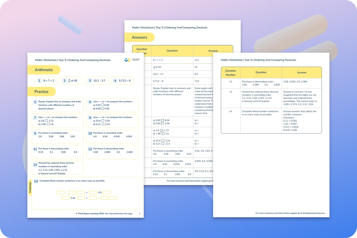 Maths Worksheet Ordering and Comparing Decimals Year 5 | Maths Hub ...