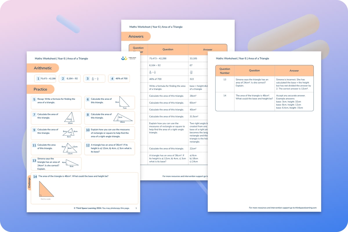 Maths Worksheet Area of a Triangle Year 6 | Maths Hub | Third Space ...