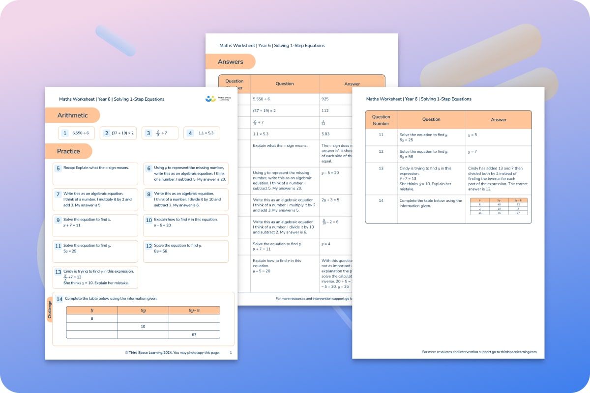 Maths Worksheet Solving 1-Step Equations Year 6 | Maths Hub | Third ...
