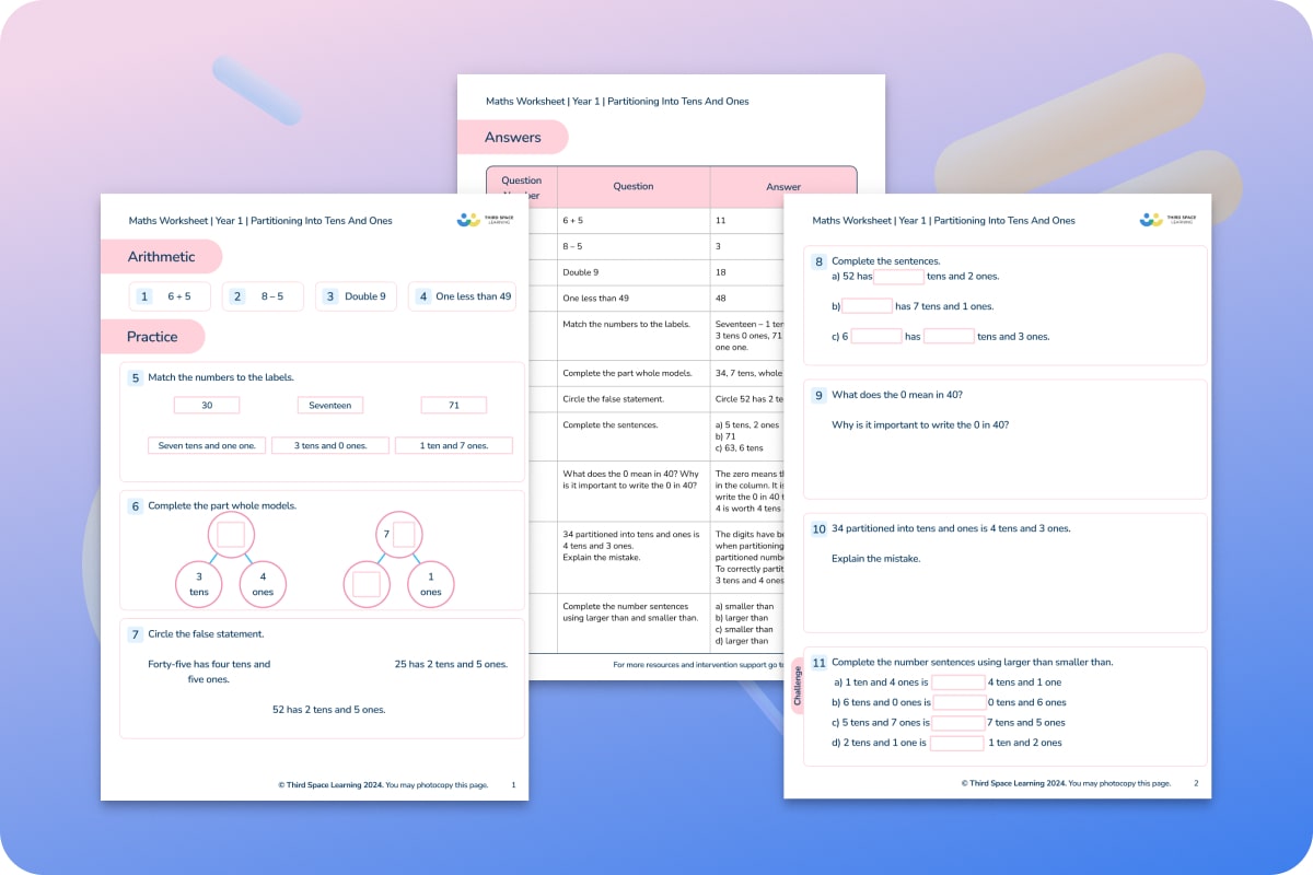 Maths Worksheet Partitioning Into Tens And Ones Year 1 Maths Hub
