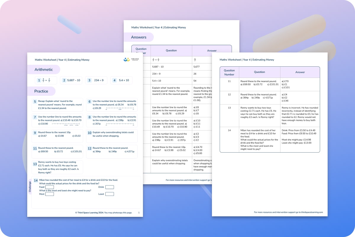Maths Worksheet Estimating Money Year 4 | Maths Hub | Third Space Learning