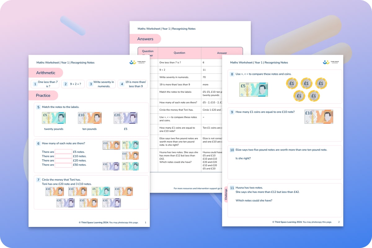 Maths Worksheet Recognising Notes Year 1 | Maths Hub | Third Space Learning
