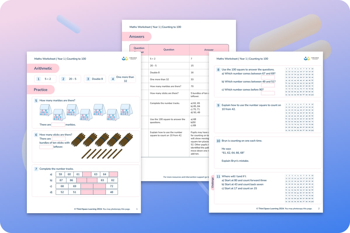 Maths Worksheet Counting to 100 Year 1 | Maths Hub | Third Space Learning