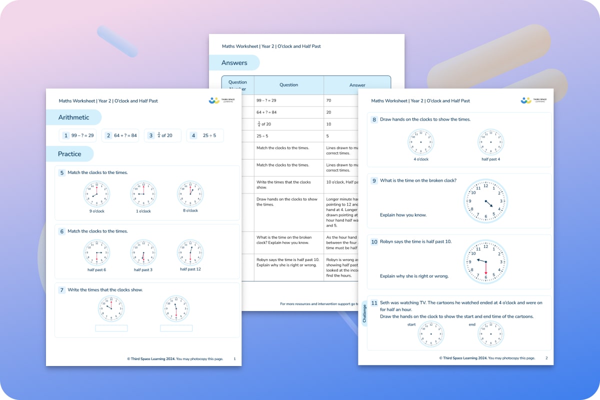 Maths Worksheet O’Clock and Half Past Year 2 | Maths Hub | Third Space ...