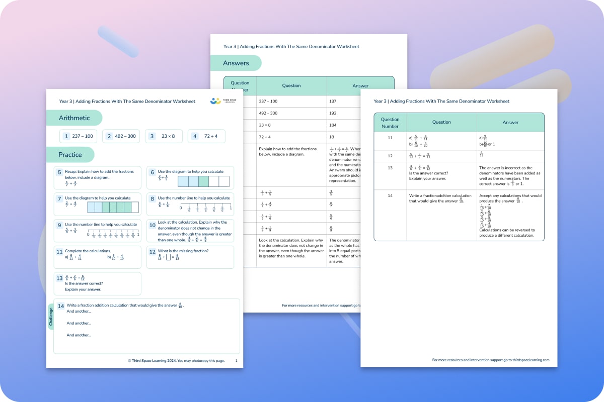 Maths Worksheet Adding Fractions With The Same Denominator Year 3 ...