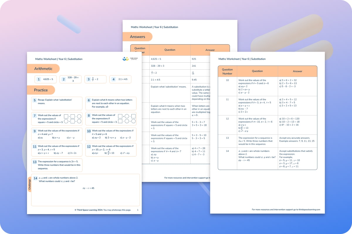 Maths Worksheets | Substitution | Year 6