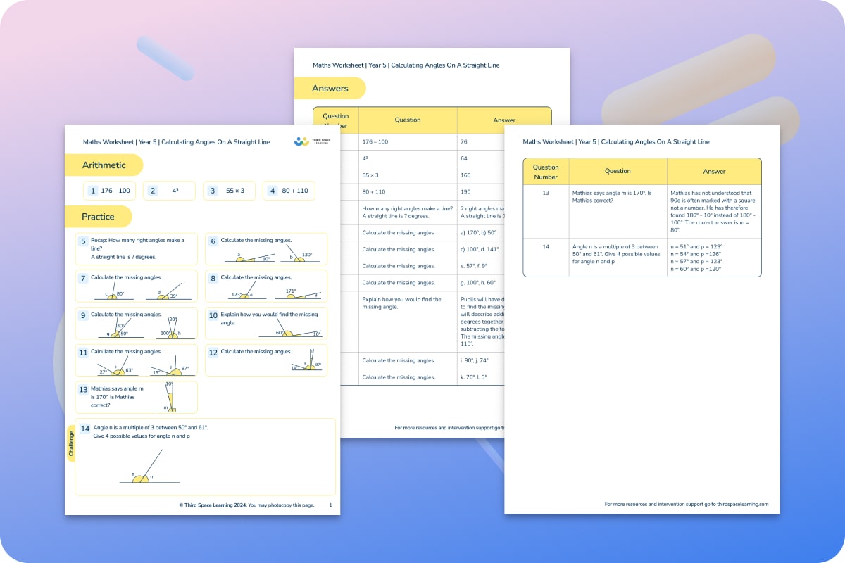 Maths Worksheet Calculating Angles on Straight Lines Year 5 | Maths Hub ...