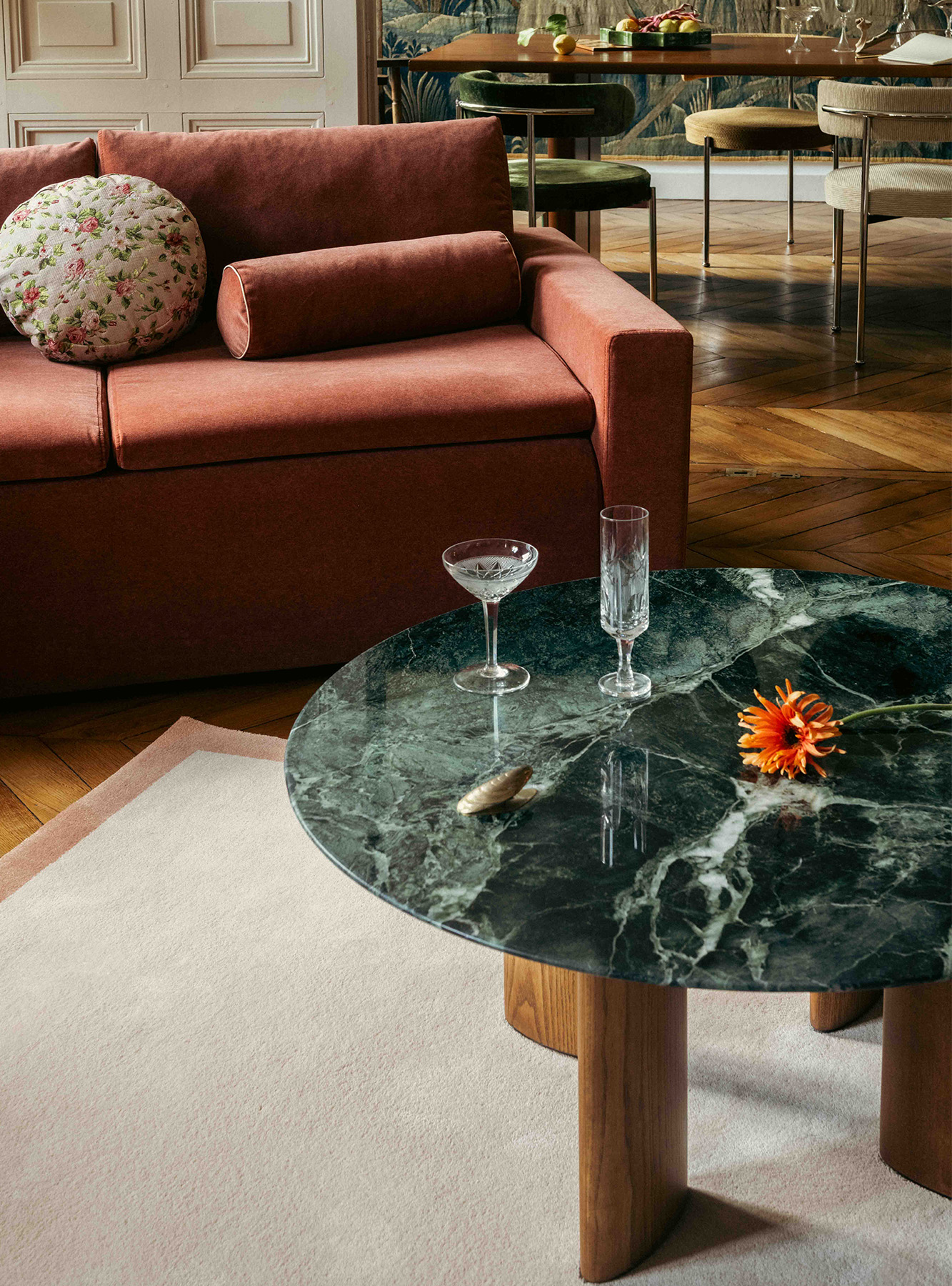 Carlotta Oval Coffee Table Green Marble Top and Ash Wood Legs