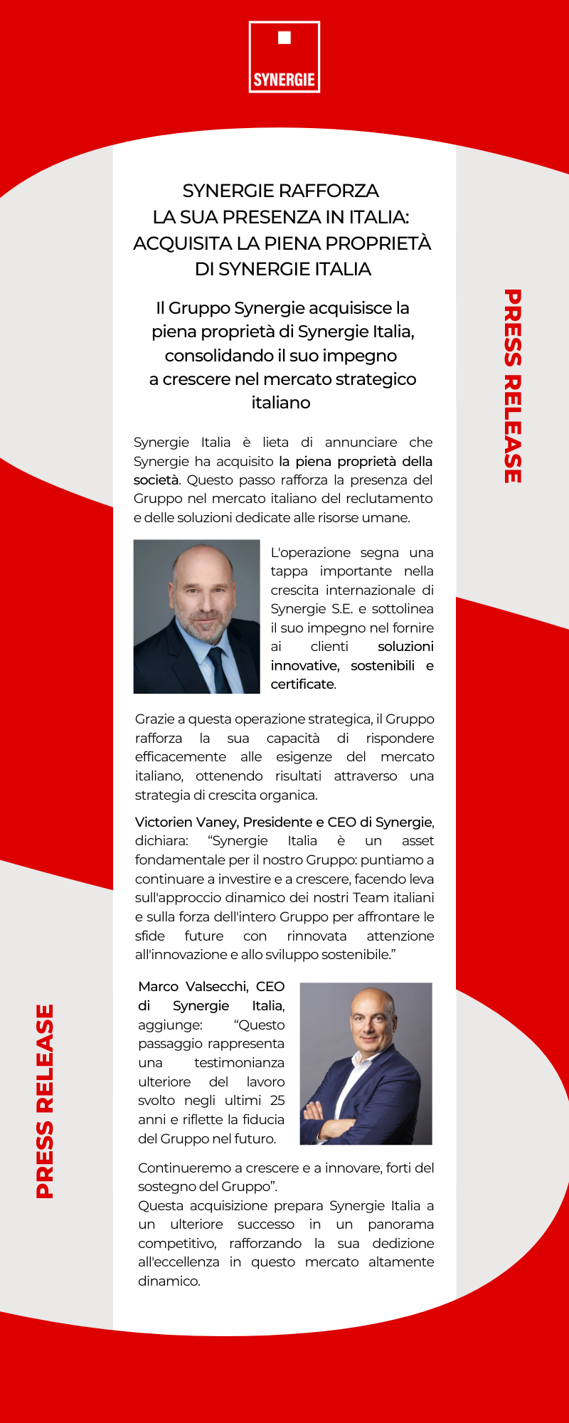 Synergie rafforza la sua presenza in Italia: acquisita la piena proprietà di Synergie Italia