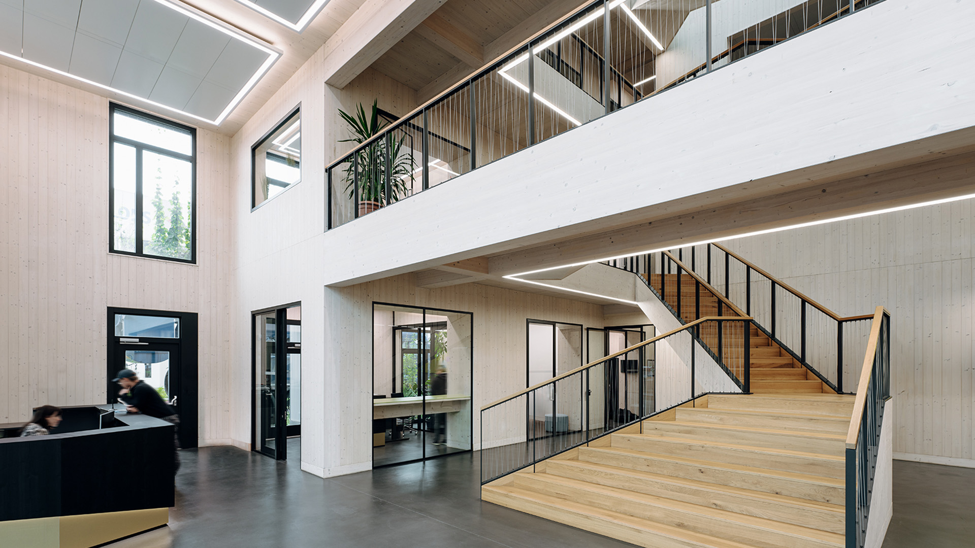 Sustainable building with transparent office spaces