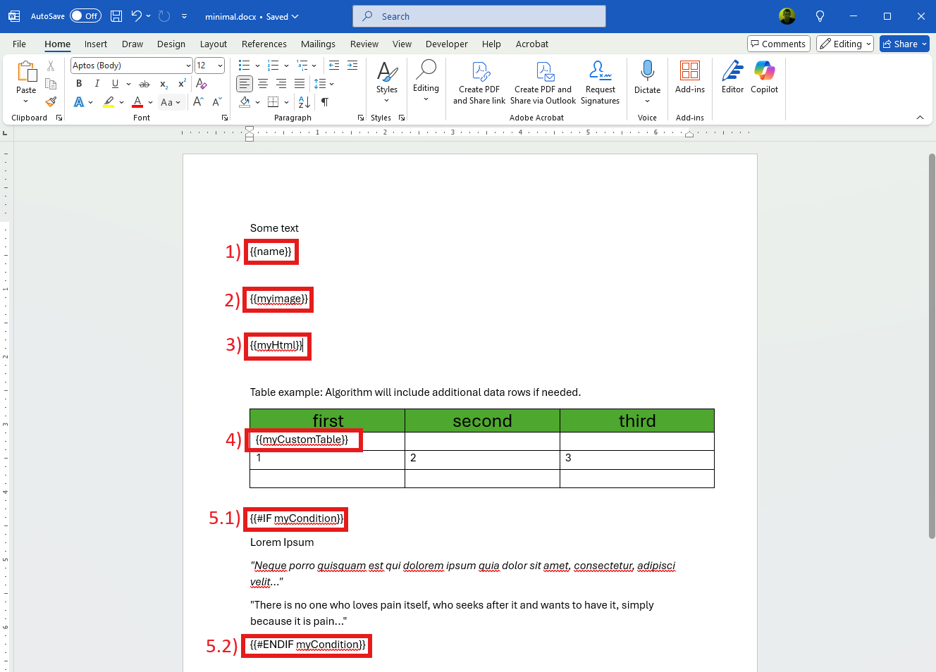 Generate DOCX and PDF from code using a Word template
