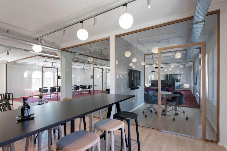 Glazed partition in minimal wooden design