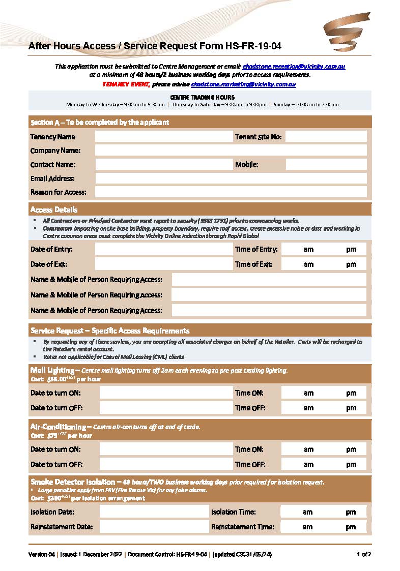 Contractor & Tenant Forms - Chadstone - The Fashion Capital - Chadstone