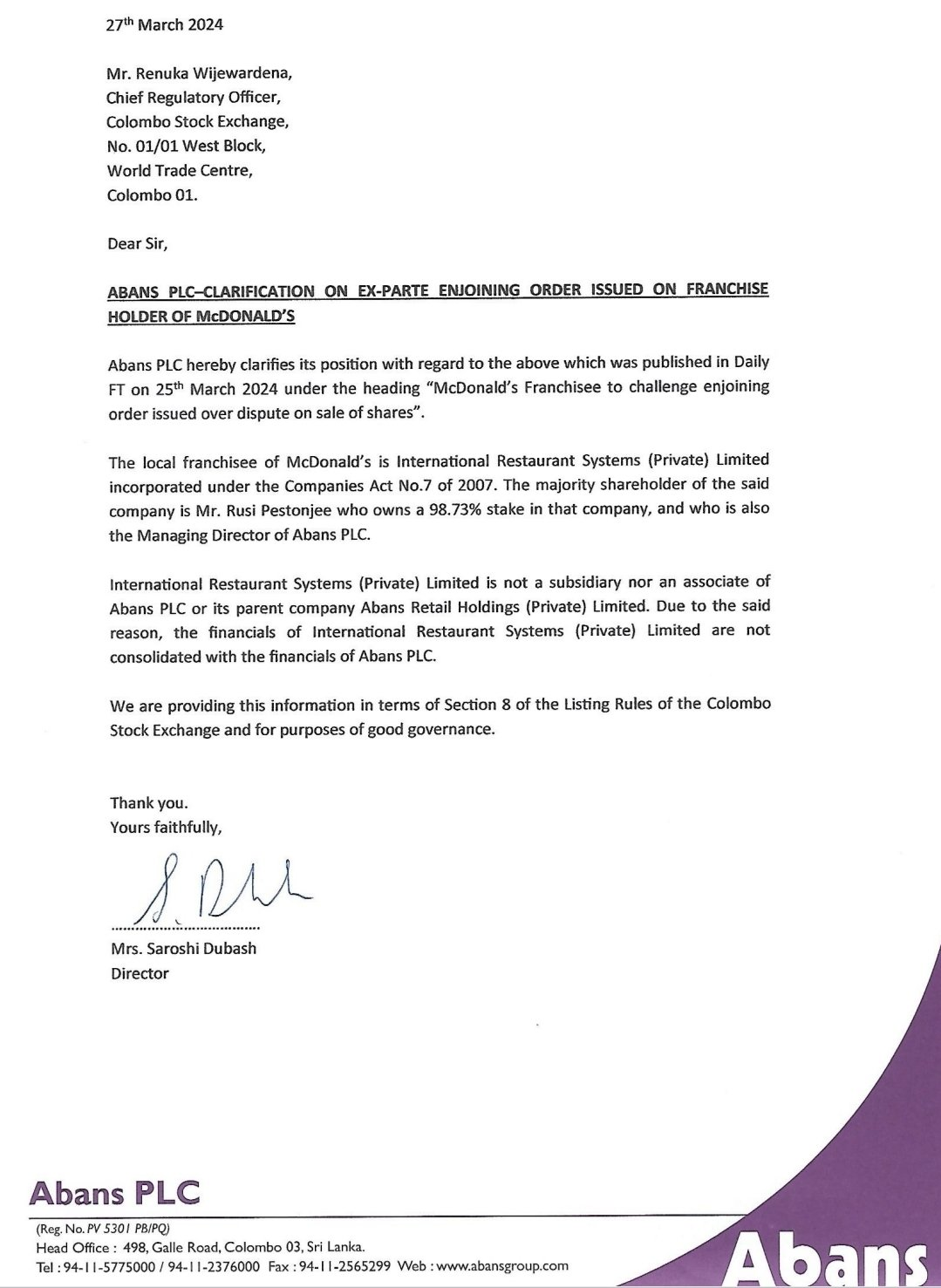 Abans PLC Distances Itself from Local McDonald's Franchise Ownership ...