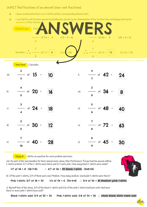 Fractions of an amount - Non-unit fractions worksheet | at the minute