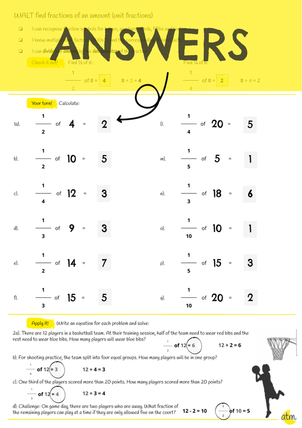 Fractions of an amount - Unit fractions worksheet | at the minute