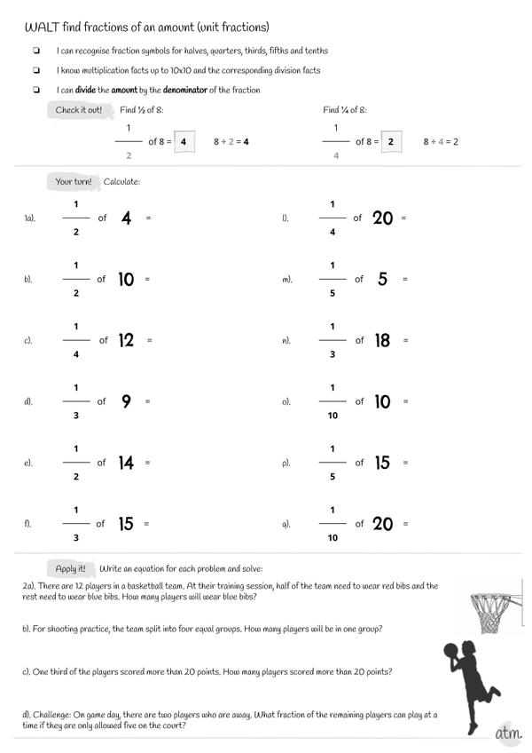 Fractions of an amount - Unit fractions worksheet | at the minute