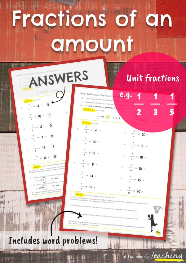 Fractions of an amount - Unit fractions worksheet | at the minute